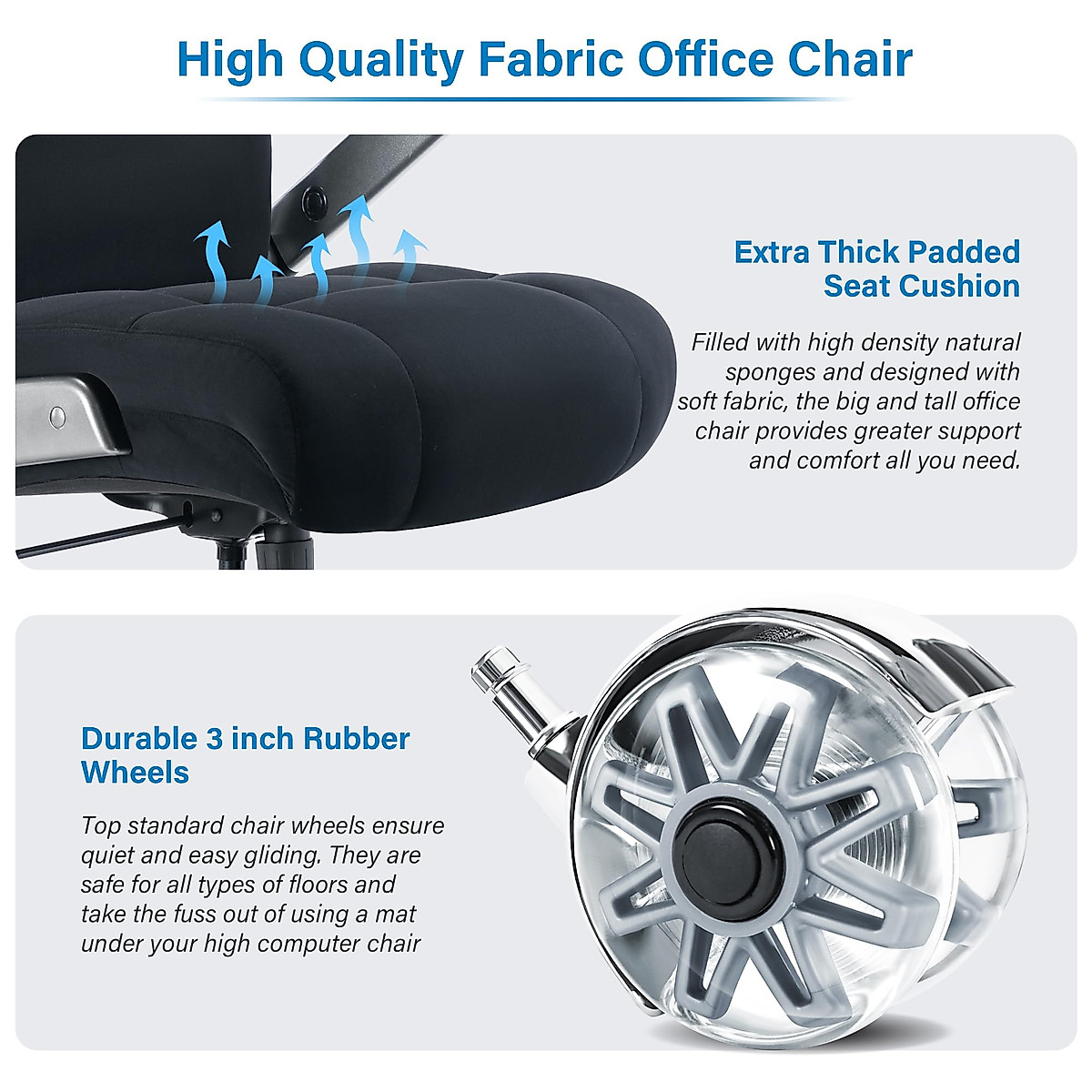 Big and Tall Office Chair 500lbs- Executive Desk Chair with Adjustable Lumbar Support 3D Flip UP Arms- Heavy Duty Quiet Wheels Metal Base Ergonomic Computer Chair, Black