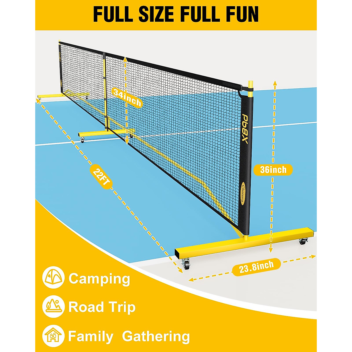 Choiana Pickleball Net with Wheels, Pickle Ball Net Portable Outdoor with 22ft Regulation Size Net, Court Markers, Durable Frame PE Knited Pickleball Practice Net System for Backyard Driveway