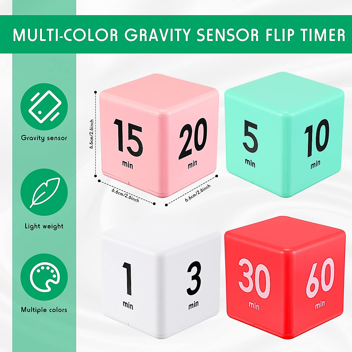 Cube Timer 4 Pieces Gravity Sensor Flip Timer Kids Timer Digital Cube Workout Timer Kitchen Timer for Time Management Home Study, 1 3 5 10 Minutes and 15 20 30 60 Minutes (White, Red, Pink, Green)