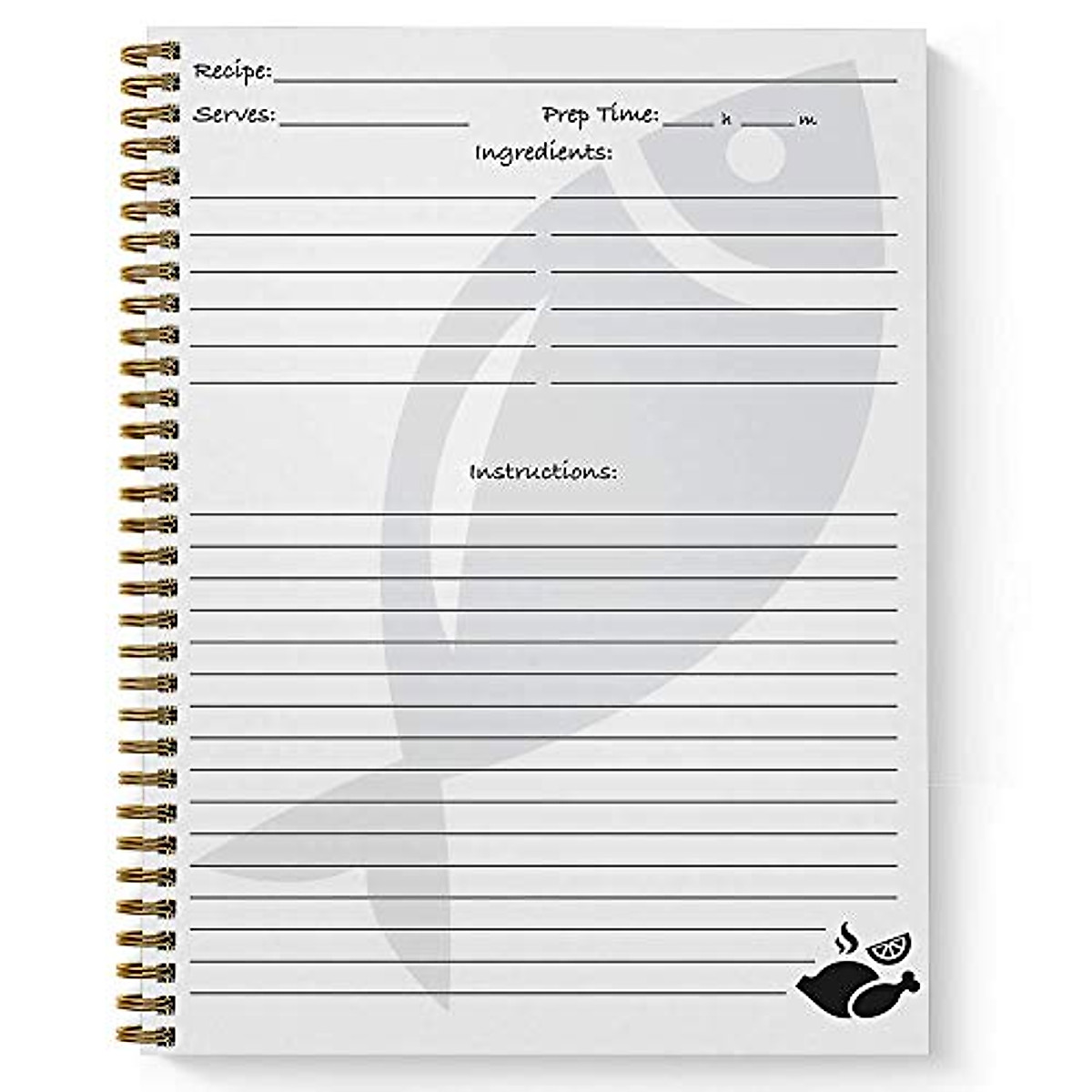 Softcover Eat Well 8.5" x 11" Recipe Spiral Notebook/Journal, 120 Recipe Pages, Durable Gloss Laminated Cover, Gold Wire-o Spiral. Made in the USA