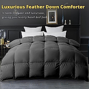 ELNIDO QUEEN Feather Down Comforter Queen Size - Grey Down Duvet Insert - Luxurious Fluffy Hotel Style Bedding Comforter - 100% Cotton Cover All Season Medium Warmth - Queen Size (90x90 Inch)