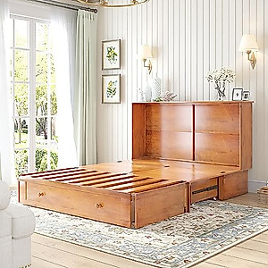 Mjkone Murphy Bed Cabinet, Queen Cabinet Bed with Foldable Foam Mattress, Chest Bed with USB Charging Station&2 Large Drawers, Folding Bed Cabinet for Guest Room/Living Room/Bedroom/Office (Cherry