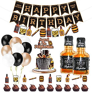 Whiskey Birthday Party Decorations, Aged to Perfection Birthday Party Supplies Whiskey Birthday Banner Garland, Whiskey Cake Toppers, White Black Champagne Gold Balloons Whiskey Bottle Foil Balloons