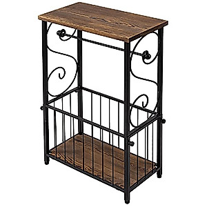 MyGift Freestanding Rustic Burnt Wood Toilet Paper Stand with Display Shelf and Matte Black Metal Scrollwork Magazine Basket, Holds up to 2 Toilet Paper Rolls