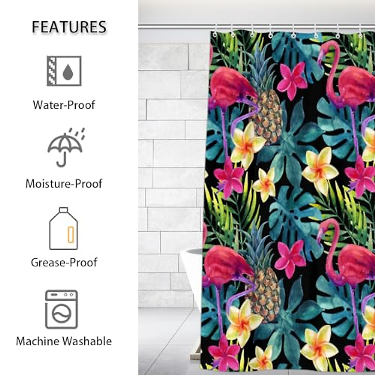 Aglebo Flamingo Pineapple Flower Palm Leaves Shower Curtain Fabric Shower Curtain Set with 12 Hooks Water-Proof 72 * 72 Inches for Bathroom Beach Caravan Hotel