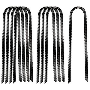 VASGOR 12” x 2” Trampolines Wind Stakes Black Powder Coated Rebar Steel - Heavy Duty U Shape Ground Anchors for Camping Tent - Garden Staples – Trampoline Pins - Sharp End (8)