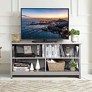 Tangkula TV Stand for TVs up to 55 Inches, 47" Farmhouse Entertainment Center with 4 Open Shelves & Built-in Cable Holes, TV Console Table with X-Shaped Frame for Living Room (Grey)