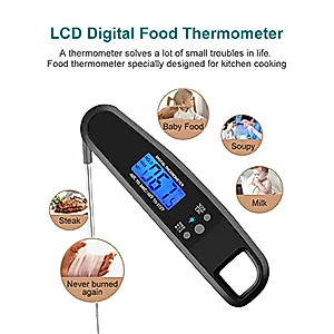 LIKEPAI Instant Read Meat Thermometer for Kitchen Cooking, Ultra Fast Precise Waterproof Digital Food Thermometer with Backlight, Magnet and Foldable Probe for Deep Fry, Outdoor BBQ, Grill（Black）
