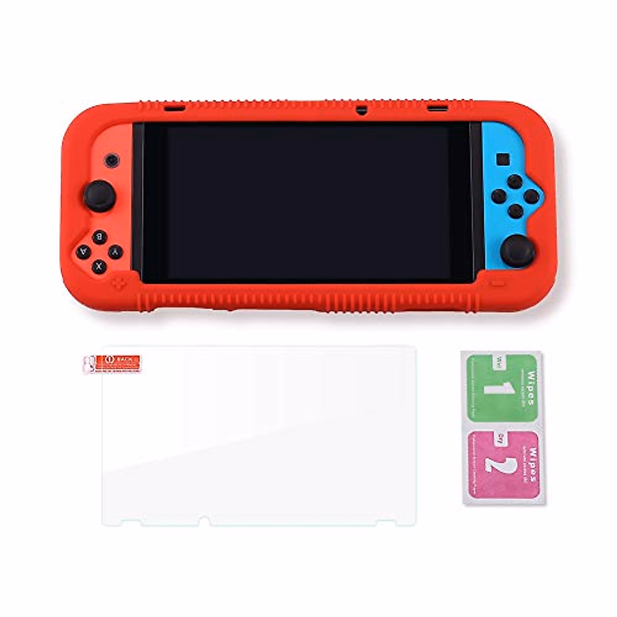Teyomi Protective Silicone Case for Nintendo Switch, Grip Cover with Tempered Glass Screen Protector, 2 Storage Slots for Game Cards, Shock-Absorption & Anti-Scratch (Red)