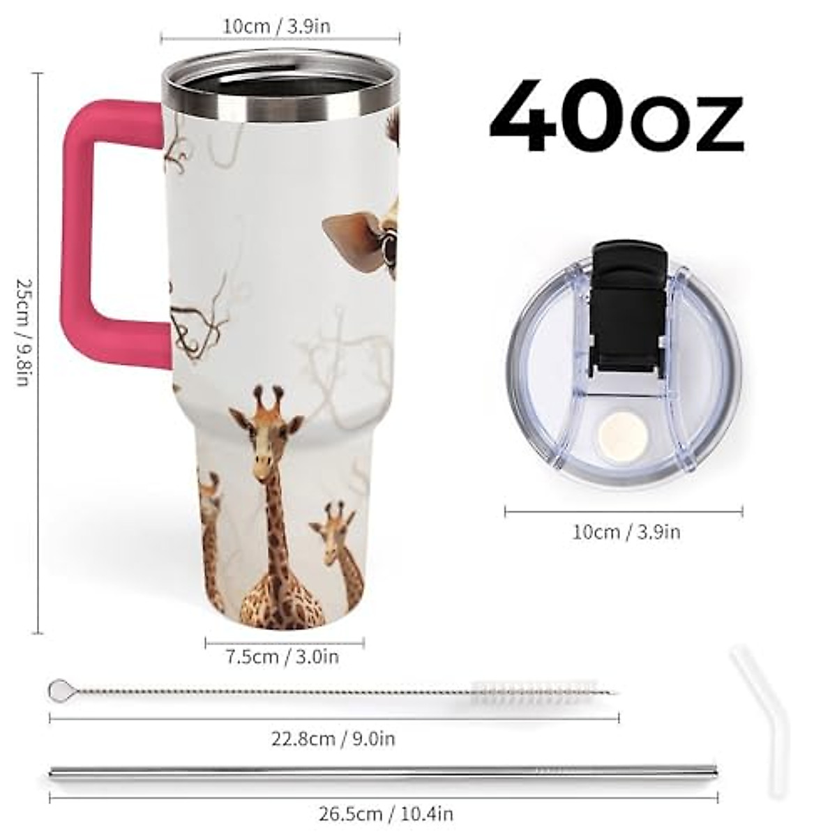 40 Oz Vacuum Tumbler with Light Rose Red Handle Leakproof Insulated Tumbler Cute Cartoon Funny Giraffes Stainless Steel Travel Mug with Lid And Straw Coffee Cup Cute Water Bottles Cup Holder Friendly