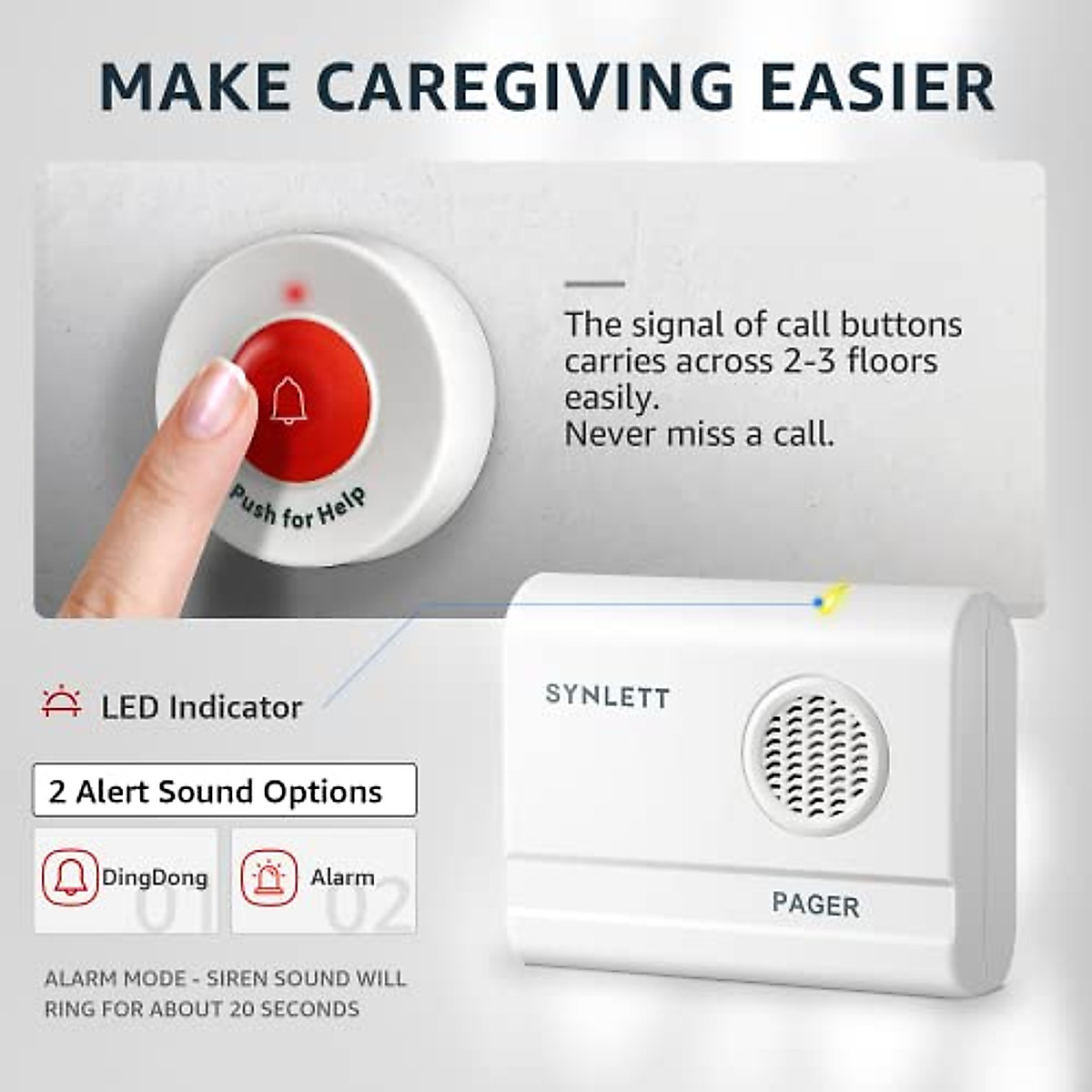 Caregiver Pager Wireless Call Buttons for Elderly Monitoring SOS Alert System Portable Alarm for Nurse Call Seniors Patients Emergency Home