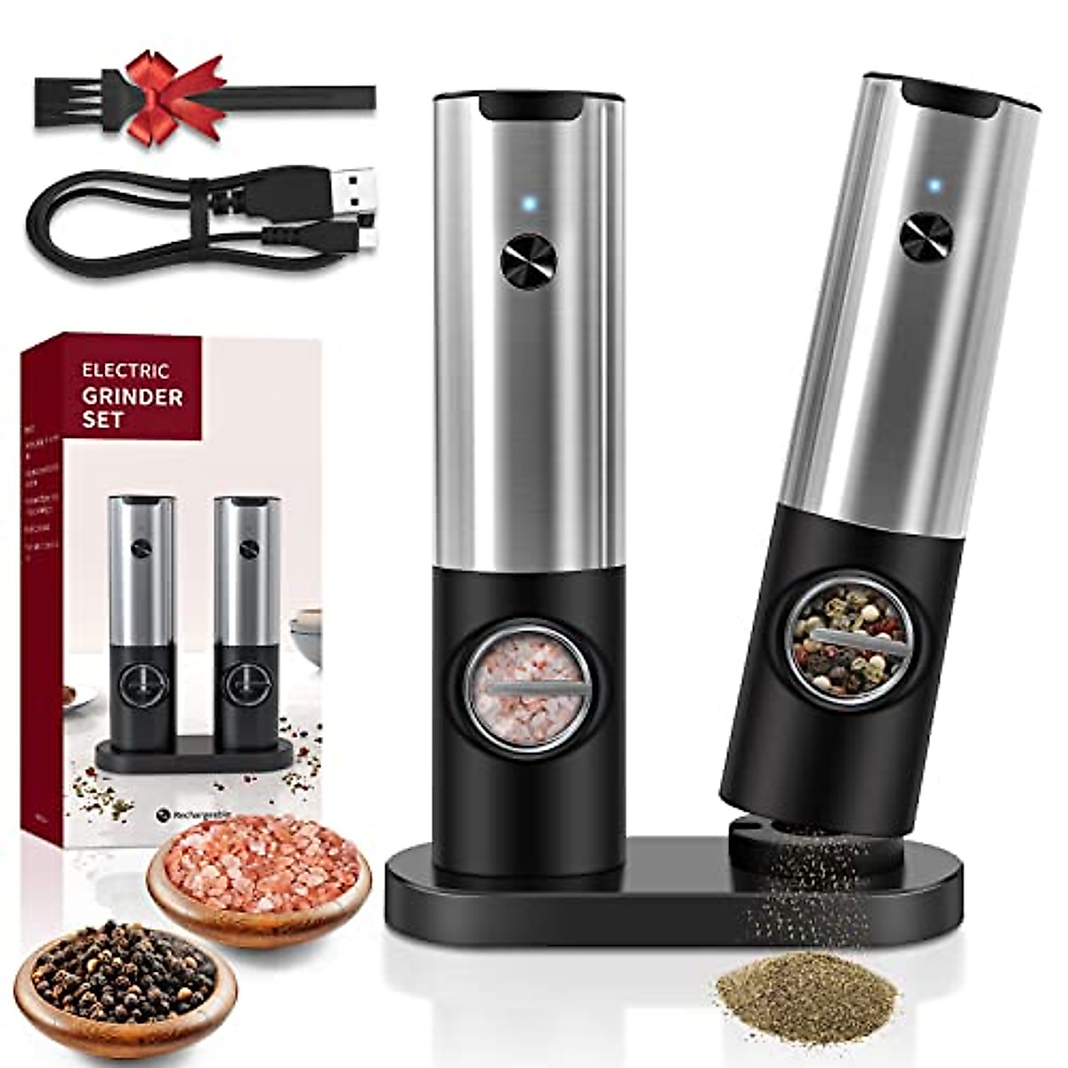 Salt and Pepper Grinder Set, Rechargeable Pepper Grinder Automatic Pepper Grinder Adjustable Coarseness with Charging Base LED Light, 2 Pack