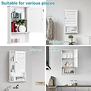 COSTWAY Bathroom Wall Cabinet, Large Capacity Storage Cupboard Cabinet w/Single Louver Door & Height Adjustable Shelf, Wood Wall Mounted Medicine Cabinet for Bathroom, Living Room, Kitchen (White)