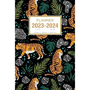 Planner July 2023-2024 June: 6x9 Medium Notebook Organizer with Hourly Time Slots | Tiger Tropical Leaf Design Black