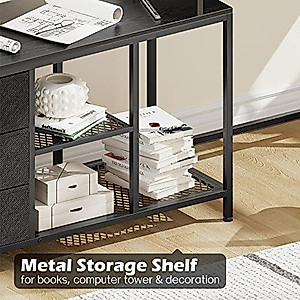 SUPERJARE L Shaped Desk with Power Outlets, Computer Desk with Drawers & Shelves, Corner Desk Gaming Desk Home Office Desk, Black