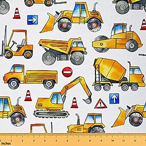 Excavator Fabric by The Yard, Cartoon Truck Upholstery Fabric, Construction Vehicle Decorative Fabric, Tractor Cement Mixer Indoor Outdoor Fabric, Kids DIY Waterproof Fabric, Yellow Blue, 3 Yards