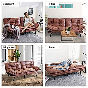 Maxspeed Leather Futon Sofa Bed,Convertible Memory Foam Couch Bed,Modern Loveseat with Covertible Armrests for RV Car Living Room&Bedroom Small Space（Brown）