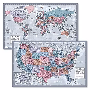 2 Pack - World Map Poster & USA Map Chart [Purple] (Laminated, 18" x 29")