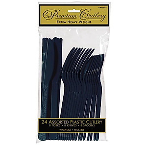 True Navy Plastic Heavy Weight Assorted Cutlery Set (24 Pc.) - Durable & Elegant Utensils, Perfect for Parties, Events, and Everyday Use