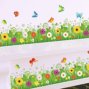 Amaom® Removable Beautiful Green Sunflower Flowers Grass with Flying Butterfly Wall Decals Murals Home Art Decor Peel Stick Wall Stickers for Wall Corner Kids Room