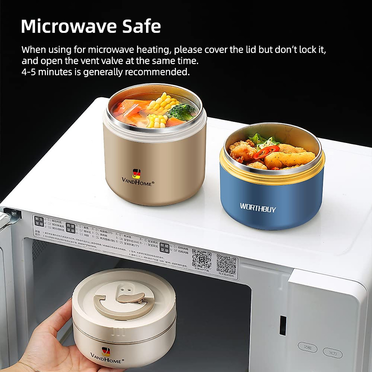 TiLeMiun Portable Insulated Lunch Containers Set, Microwave Safe Thermal Lunch Box For Kids & Aldults, 18/8 Stainless Steel Leakproof Food Container With Bag (Blue 2Pcs 34oz)