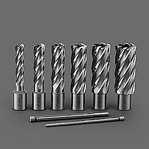 Annular Cutters Set 6pcs JESTUOUS 3/4 Inch Weldon Shank 2 Cutting Depth 7/16 to 1-1/16 Cutting Diameter HSS Slugger Bits for Magnetic Drill Press with 2 Pilot Pins