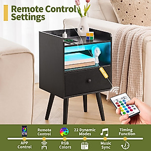 Yoobure Nightstand with Charging Station, Modern Night Stand with LED Lights, Wood Nightstands with Fabric Drawer & Storage Shelf, Night Stands Bedside Table with USB Ports for Bedroom, Office, Home