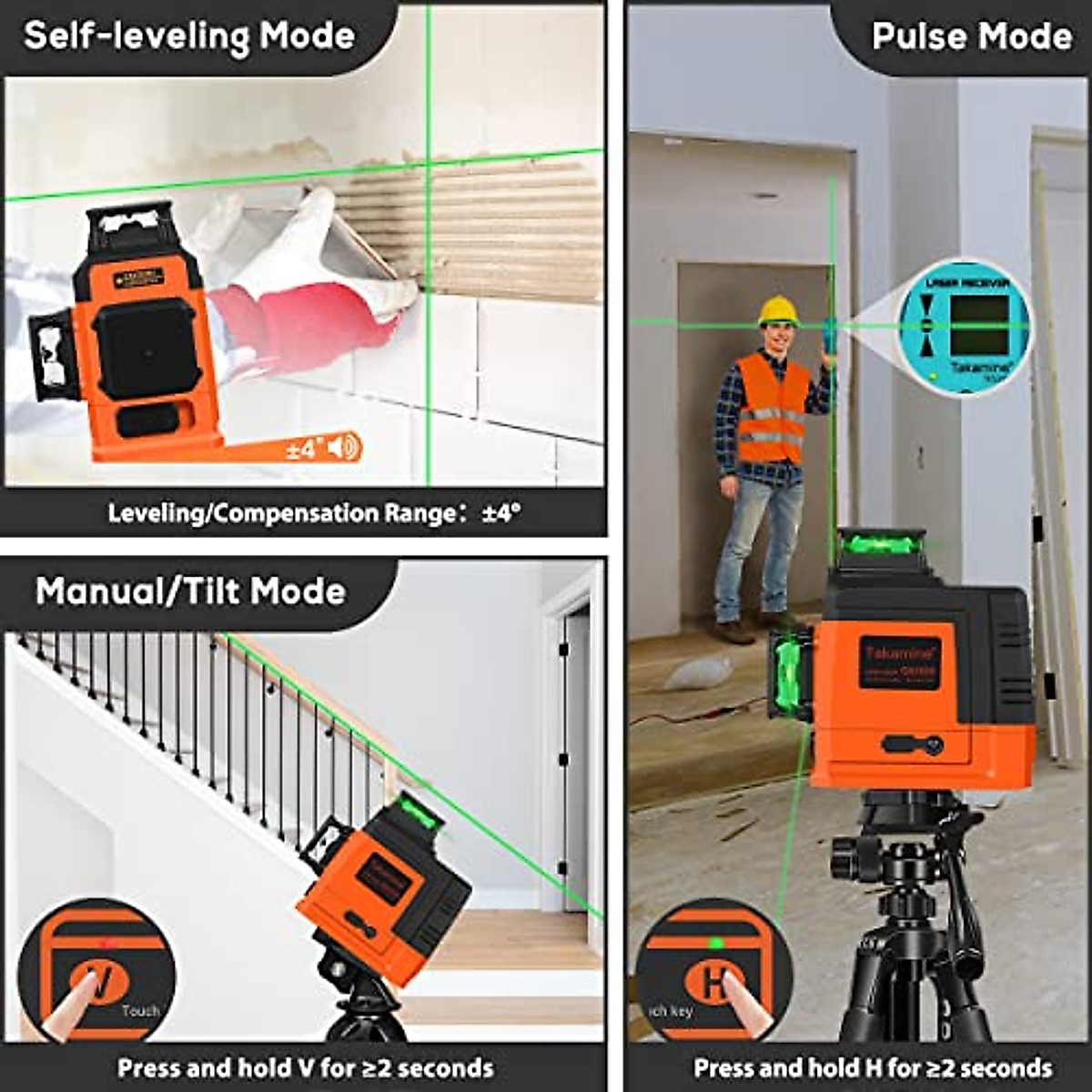 Takamine 12 Lines Laser Level Self Leveling 3x360° 3D Green Cross Line for Construction/Picture Hanging, Remote Controller, Rechargeable Li-ion battery, Magnetic Stand and portable bag
