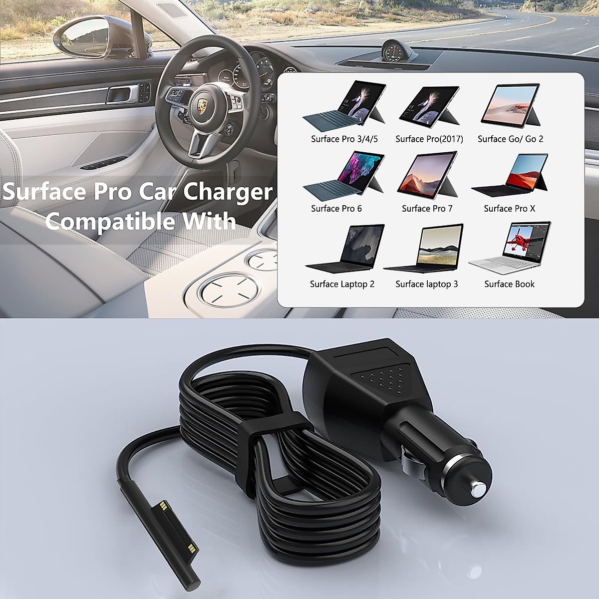 Surface Pro Car Charger 15V2.58A Surface Car Adapter for Microsoft Surface Pro 3/Pro 4/Pro 5/Pro 6/ Pro 7/Pro X Tablet, Surface Book, Surface Go, Surface Laptop 【4.9FT】