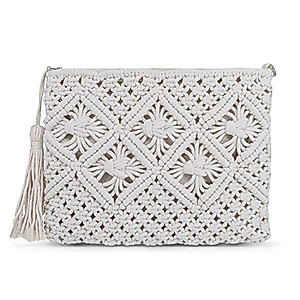 QTKJ Women's Summer Beach Straw Crochet Clutch Bag Woven Envelope Tassel Bag with Zipper (White)