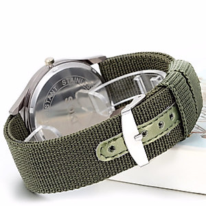 JewelryWe Men's Military Green Dial Nylon Strap Quartz Calendar Wrist Watch Night Vision Luminous Wristwatch for Father's Day