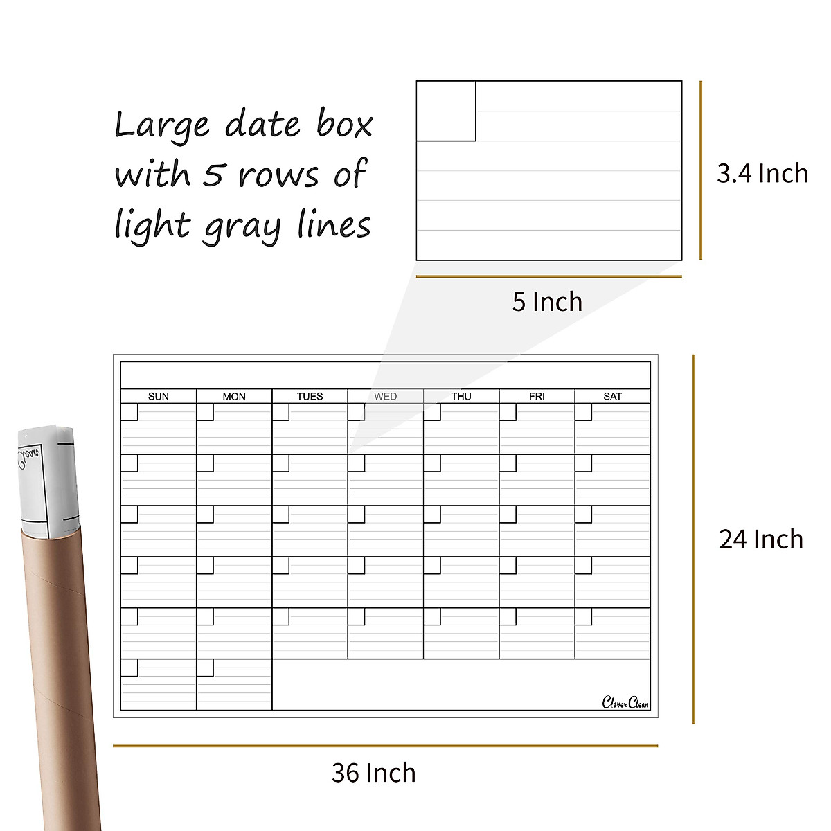CLEVER CLEAN Large Dry Erase Wall Calendar - 24"x 36" Undated Monthly Calendar for Home, Office, Classroom - Reusable Laminated Task Organizer