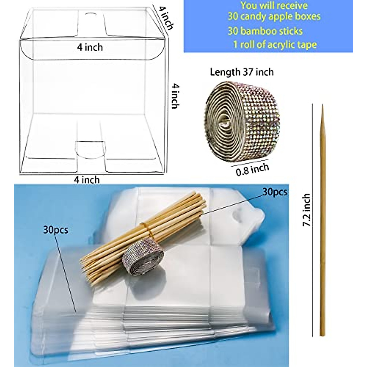 BadenBach 30 Set 4" Clear Candy Apple Boxes with Hole, Candy Apple Kit Supplies Containers Apple Boxes with 30 Pcs 7" Thick Candy Apple Sticks and 35.5" Self-Adhesive Rhinestone Stickers