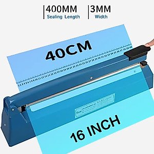 16 Inch Impulse Heat Sealer Manual Bags Sealer Sealing Machine Heating Closer for Plastic PE PP Mylar Poly Foil Bags Home Restaurant Food Storage with Extra Replace Element
