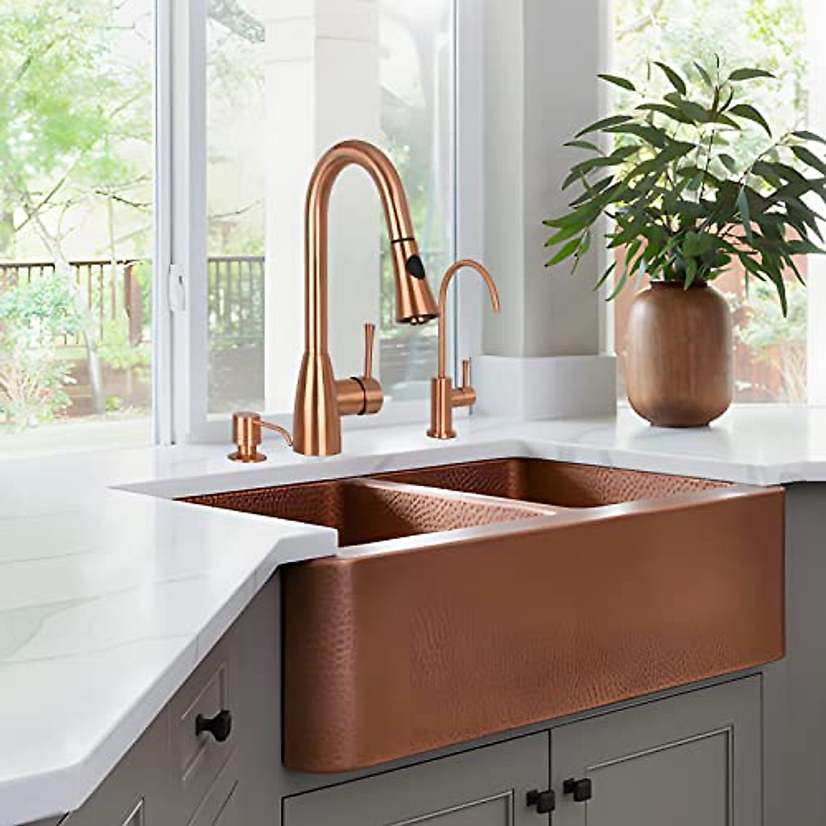 Akicon Copper Soap Dispenser for Kitchen Sink, Brass Body Refill from Top, Built in Design with Large Liquid Soap 17 OZ Bottle, Countertop Soap Dispenser (Copper, Modern)