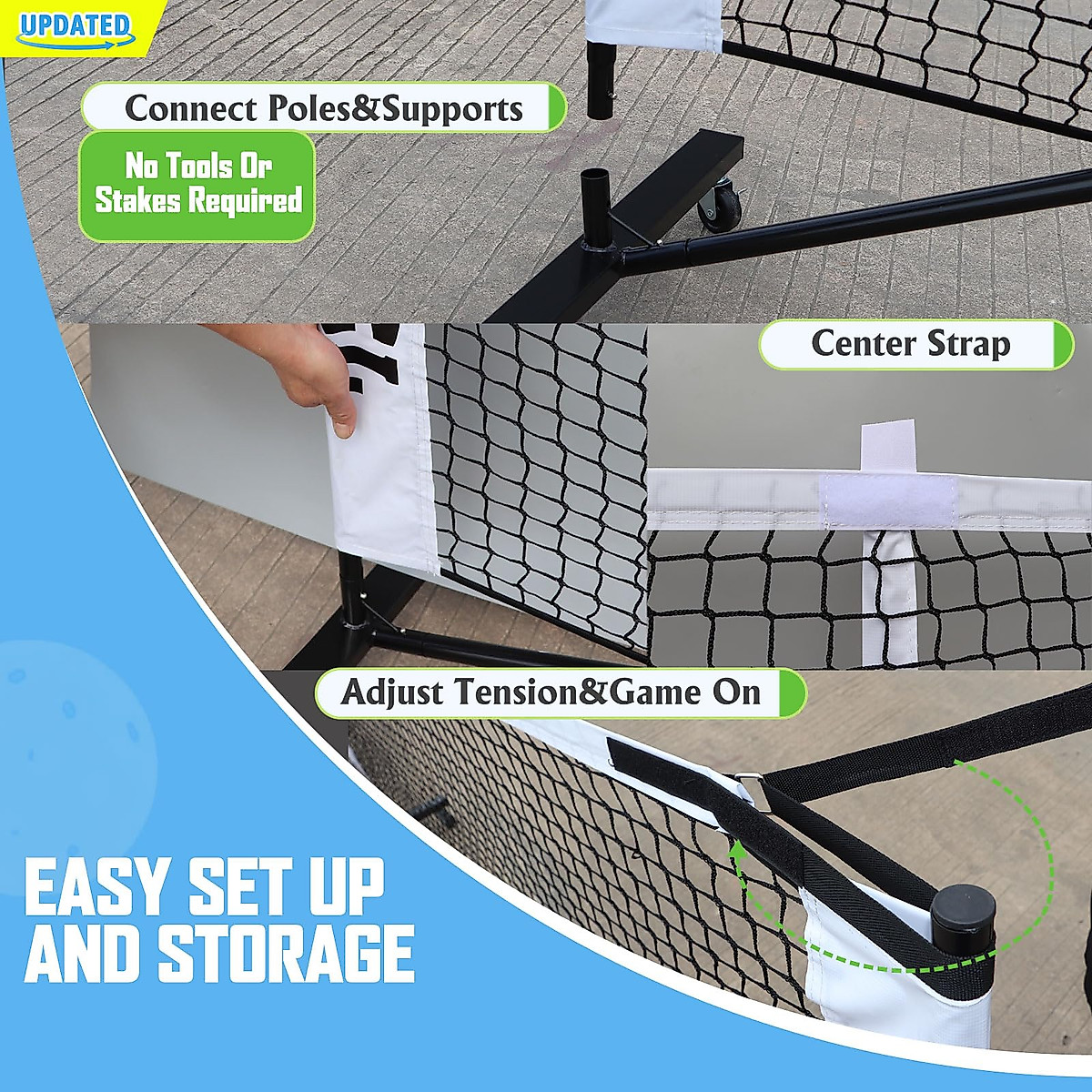 VANCL Badminton Pickleball Net with Wheels Movable, Deluxe Heavy Duty Pickleball Net System 22 Feet Pickleball Net for Driveway, Adjustable Strong Nylon Net Pickleball Net Portable Outdoor