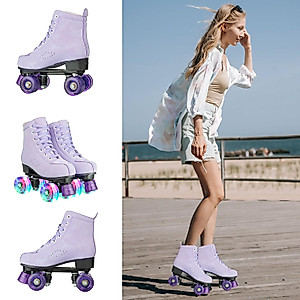 YYW Women Roller Skates High Top Shoes Men Double Row Shiny Roller Derby Skates Four Wheel Unisex PU Classic Skates for Beginner Outdoor (Light Purple Flashing Wheel,US37- Women's 7/Men's 5.5)