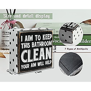 Pigort I Aim to Keep This Bathroom Clean Home Décor Sign Funny Bathroom Farmhouse Accessories Rustic Wood Bathroom Decorations Shelf Toilet Decor Wooden Box Signs for Home 4" x 4" x 1.75"