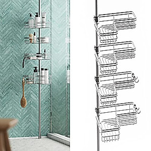Zenna Home Rust-Resistant Corner Shower Caddy for Bathroom, 4 Adjustable Corner Hugging L-shaped Shelves, with Tension Pole, for Bath and Shower Storage, 60-97 Inch, Satin Nickel