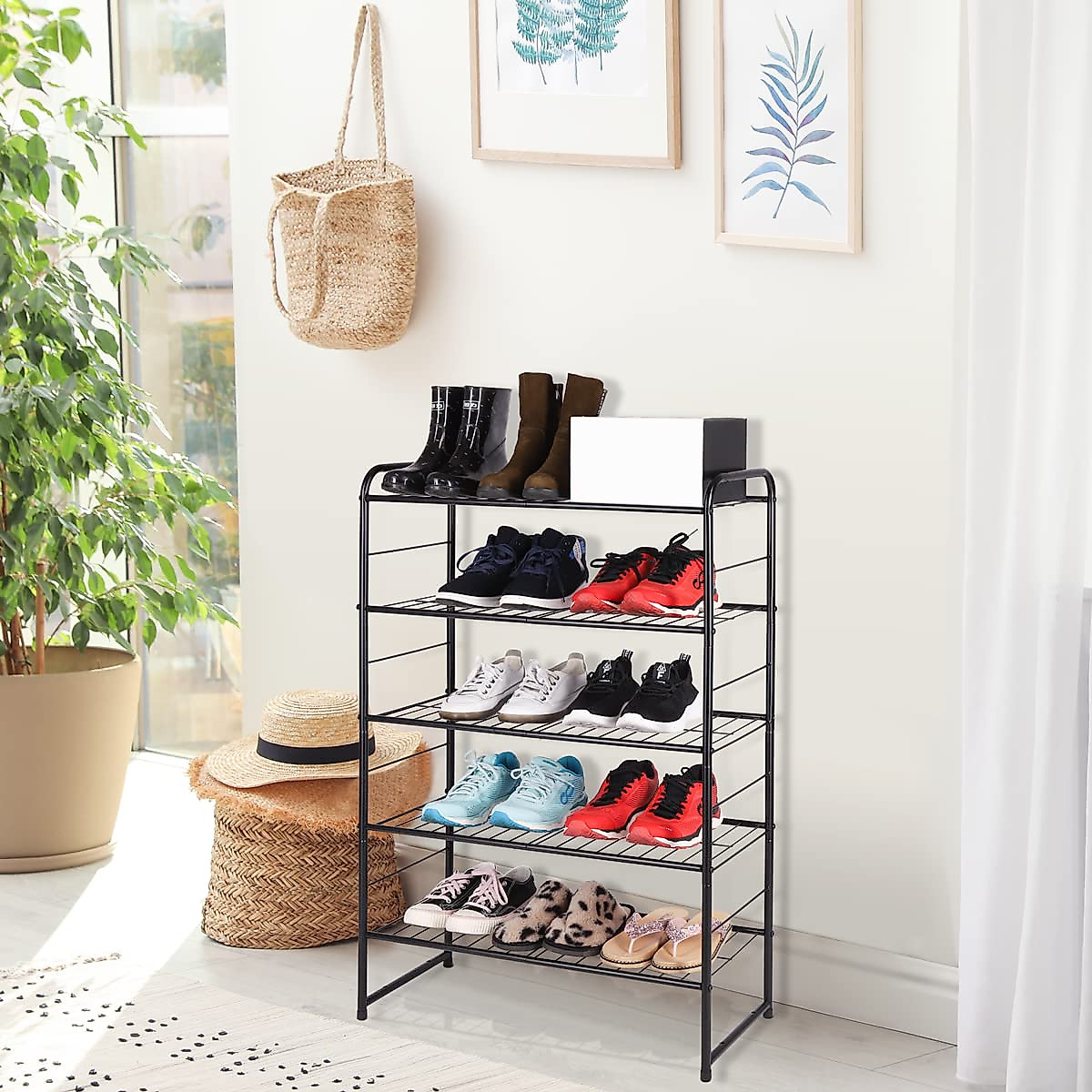 REGILLER 5-Tier Stackable Shoe Rack, Expandable & Adjustable Shoe Organizer Storage Shelf, High Capacity, Wire Grid, Black