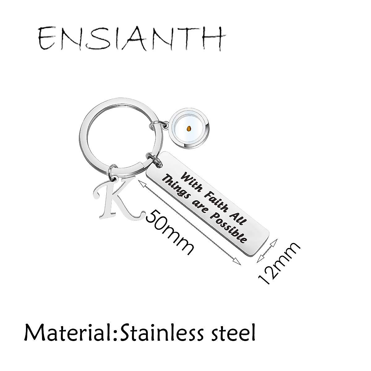 ENSIANTH Faith Mustard Seed Gift with Initial Letter With Faith All Things Are Possible Keychain Christian Inspirational Gift Religious Jewelry (K)