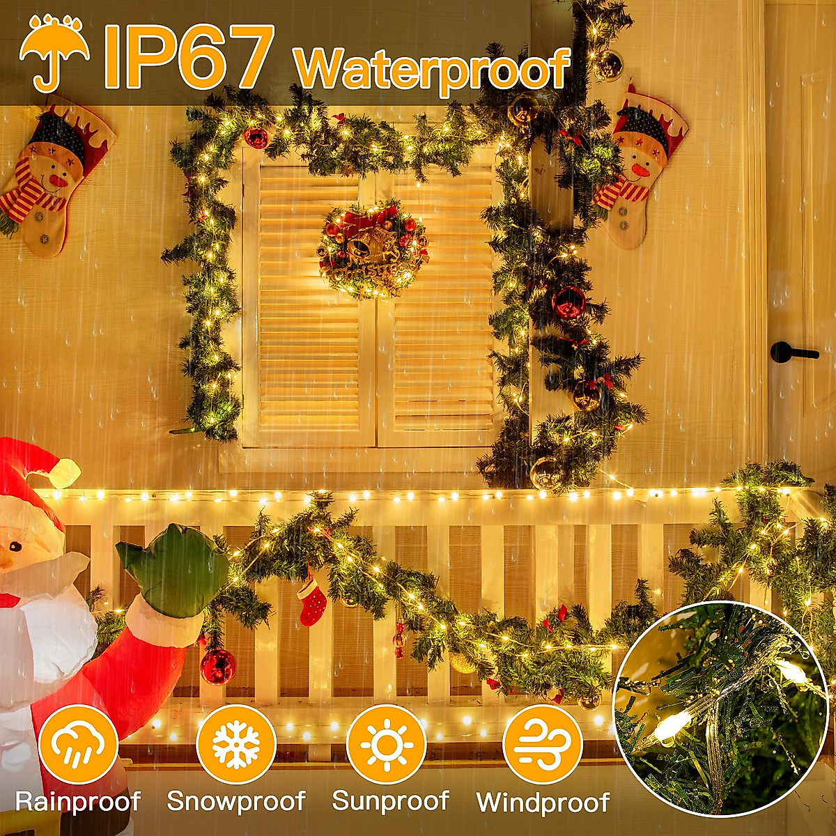 Ollny String Lights 600LED 197FT, Warm White Fairy Lights IP67 Waterproof with Remote 8 Modes Timer Dimmable, Plug in Christmas Lights for Outdoor Indoor House Yard Holiday Decorations