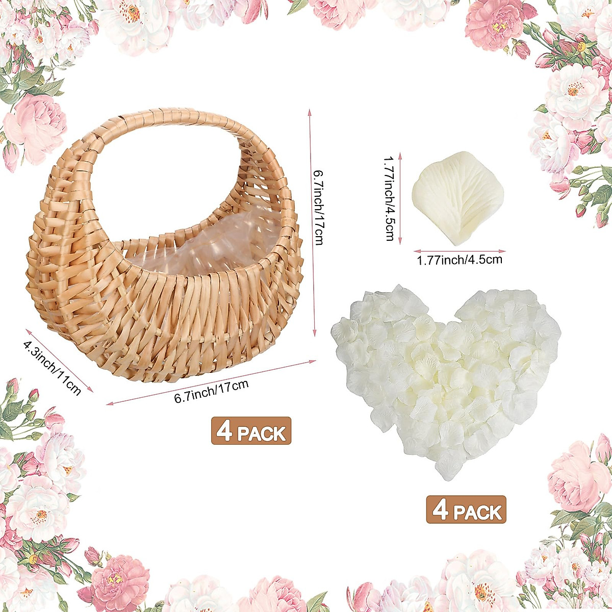 Uiifan 4 Sets Weddings Flower Girl Baskets with 4000 pcs Artificial Silk Rose Petals and Woven Wicker Rattan Basket with Handle and Flower Petals for Bridal Anniversary Party Decoration(Brown)