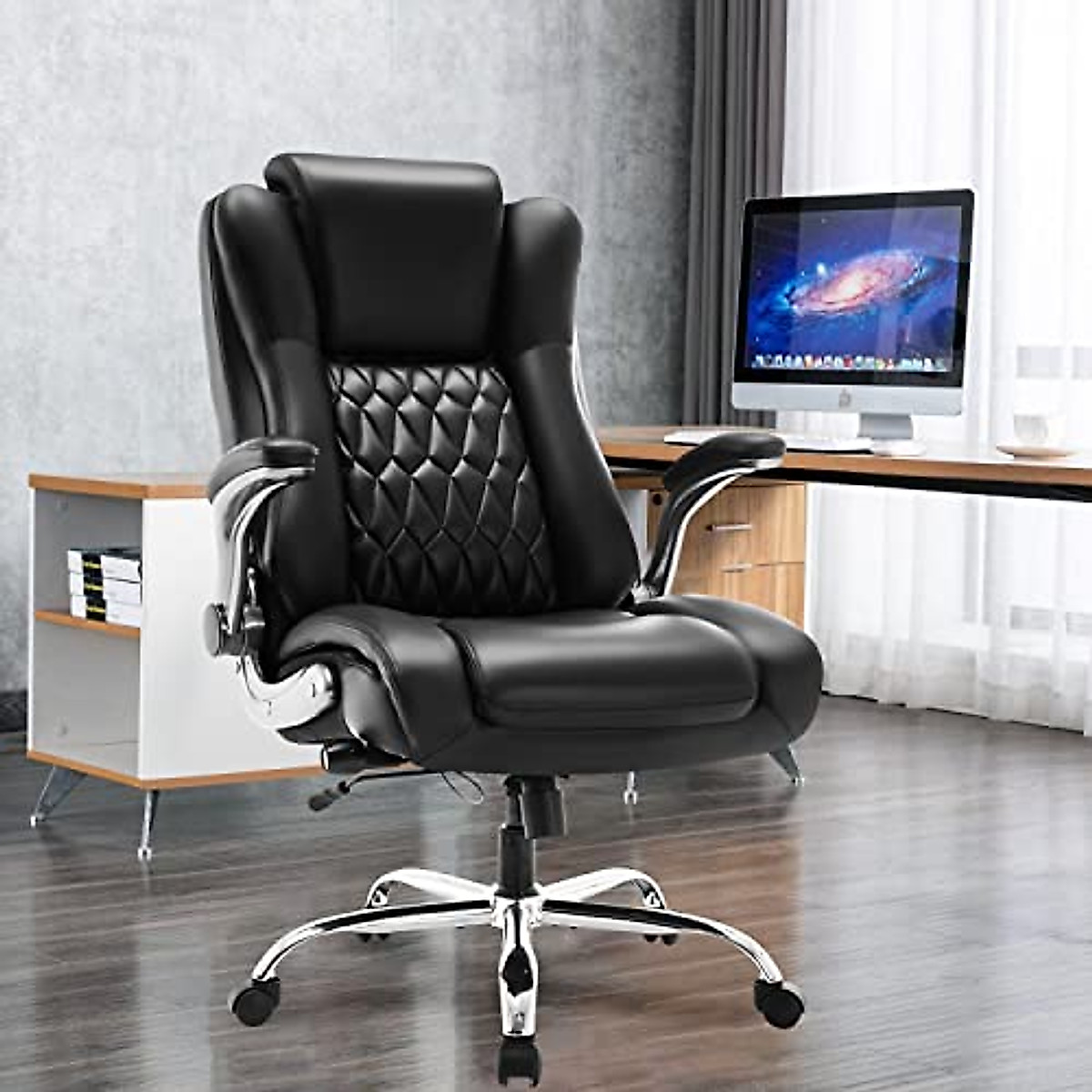High Back Office Chair with Lifting Headrest - Flip Arms Adjustable Built-in Lumbar Support, Executive Computer Desk Chair Home Office Work Chairs, Thick Padded, Strong Metal Base, Ergonomic Design