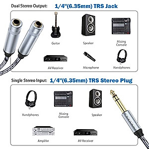 JOLGOO 1/4 Splitter Adapter Cable, 6.35mm Stereo Plug Male to Dual 6.35mm Jack Female Y Splitter Cable, 30cm/12 inches