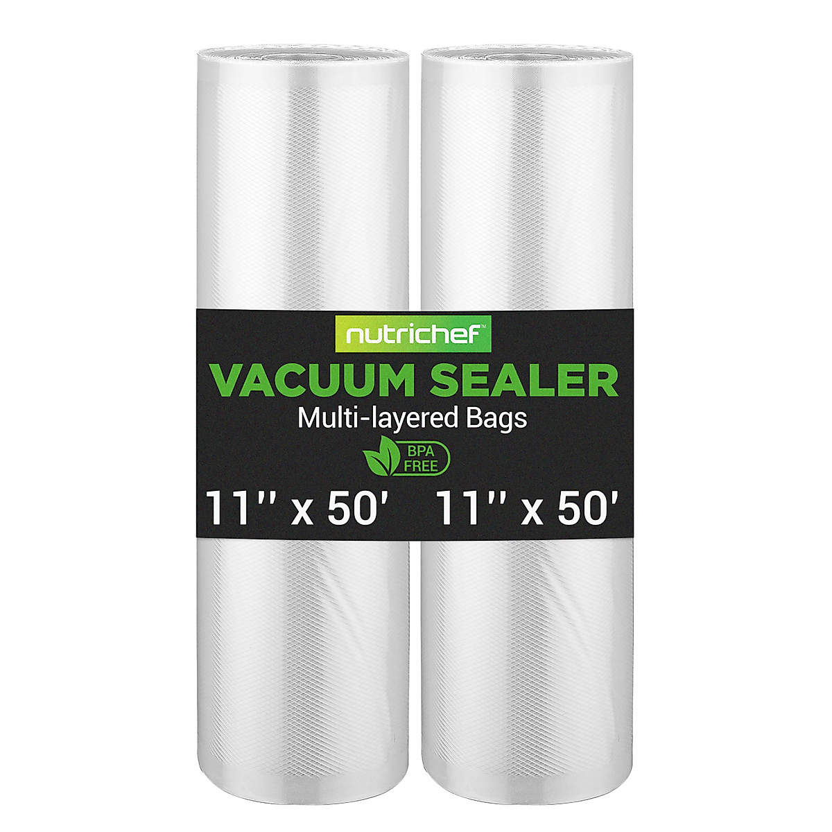NutriChef Vacuum Sealer Bags 11x50 Rolls 2 pack for Food Saver, Seal a Meal, NutriChef, Weston. Commercial Grade, BPA Free, Heavy Duty, Great for vac storage, Meal Prep or Sous Vide