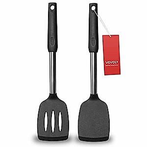2 Pack Spatulas, Solid & Slotted Silicone Spatula Set, Stainless Steel Handle Coated with Silicone, Non Stick Turners, Heat Resistant BPA Free Rubber Spatulas for Fish, Eggs, Pancakes, WOK, Black