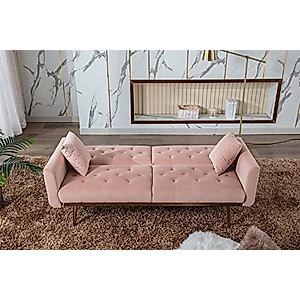 Pannow Velvet Futon Convertible Sofa Bed, Modern Tufted Sleeper Sofa Couch with 2 Pillows & 5 Golden Metal Legs, Adjustable Folding Accent Loveseat Sofa Couch for Living Room
