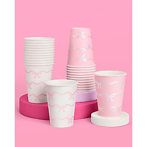 xo, Fetti Party Decorations Bow Paper Cups - 24 Disposable 14 oz Foil Cups | Pretty Bachelorette Decorations, Bow Theme Birthday Party, Bridal Engagement Drinkware, Coquette Cute Supplies