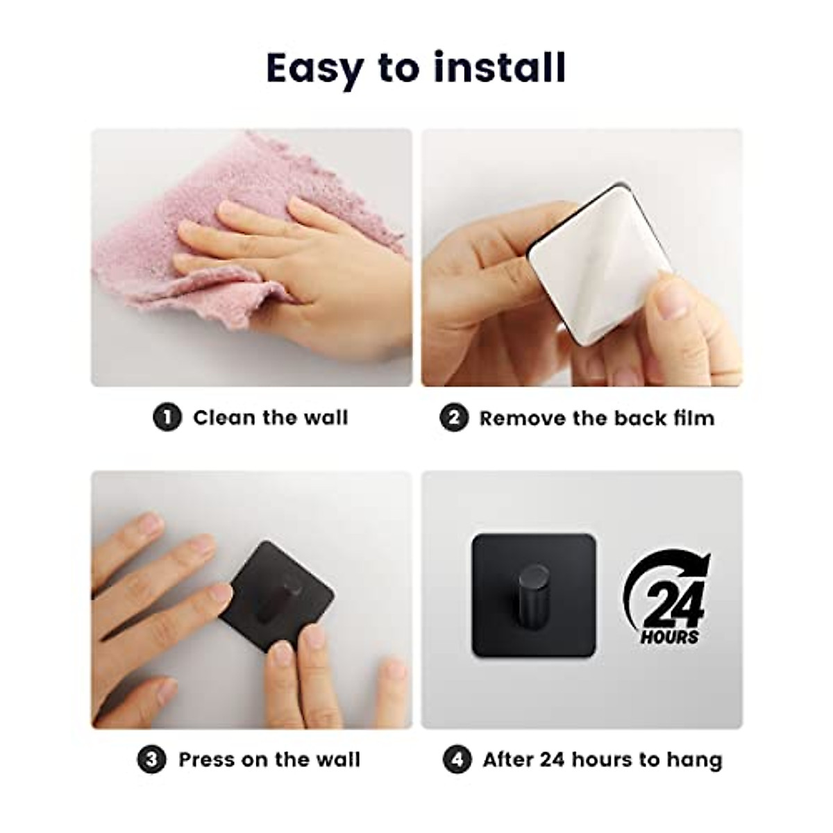 xdgeLoad Bath Towel Hooks 4 Pack, Heavy Duty Wall Hooks for Bathrooms/Coat/Robe/Kitchen, Non-Punching self-Adhesive Hooks, Matte Stainless Steel Black